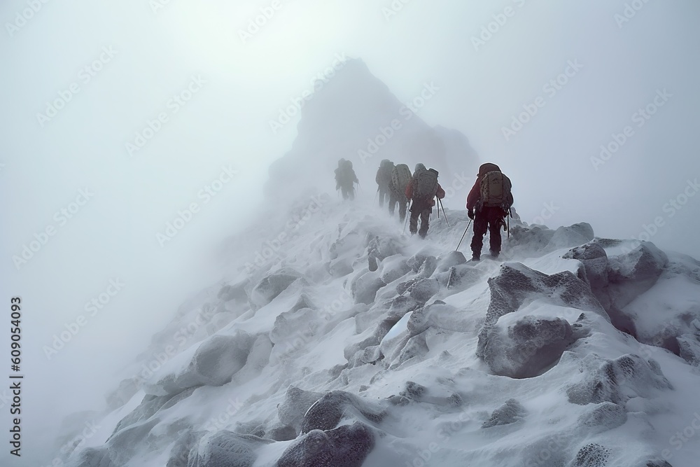 people climbing up mount everest in snow storm generative ai Stock ...