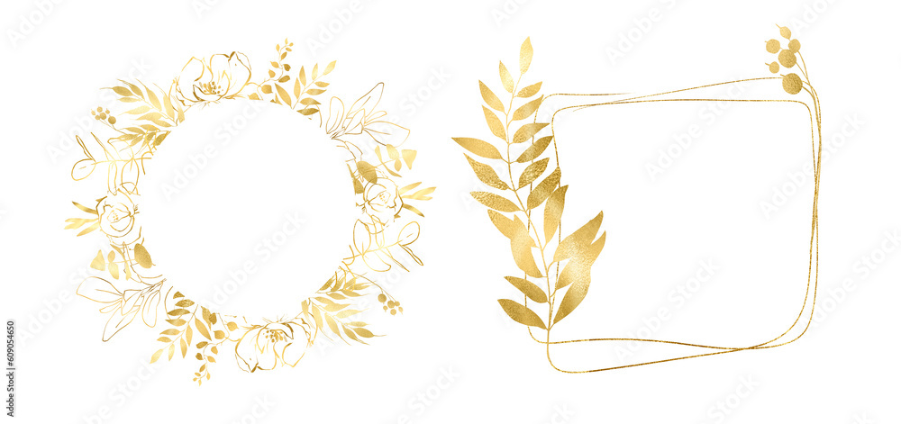 Gold Foil Floral Frame, Gold brush stroke on transparent background ...