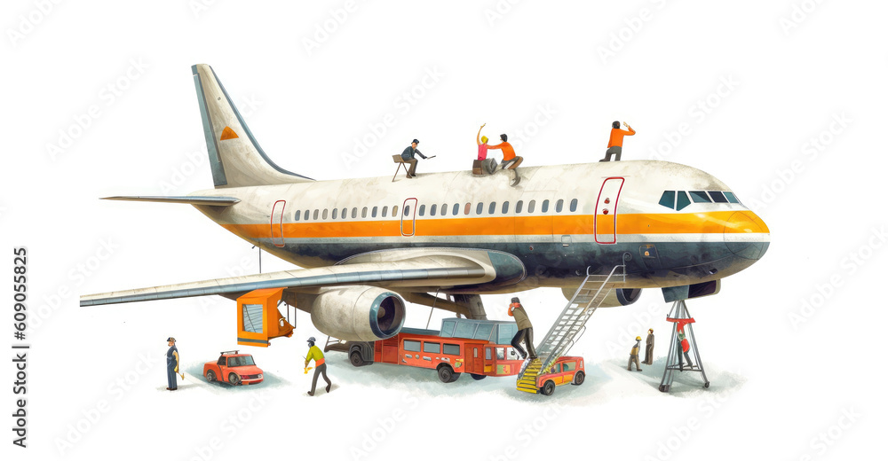 A team crew fixing a plane flight mechanical and maintenance personnel ...