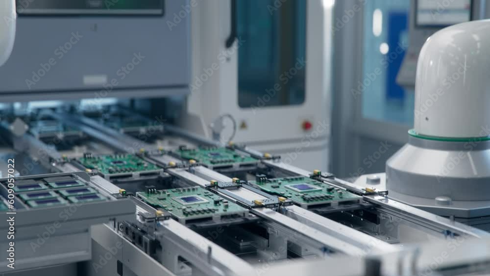 Component Installation on Circuit Board. Fully Automated Modern PCB Assembly Line Equipped with ...