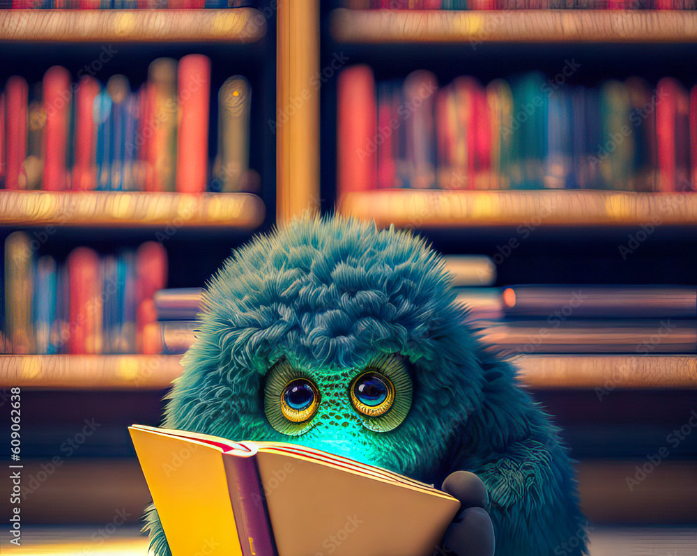 cute little fuzzy monster reading a book with a flashlight. generative ...