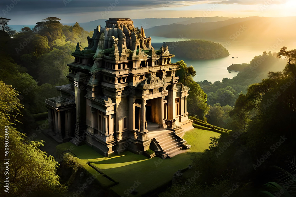 An ancient temple complex nestled within a dense jungle, towering stone ...