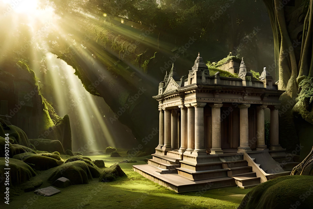 An ancient temple complex nestled within a dense jungle, towering stone ...