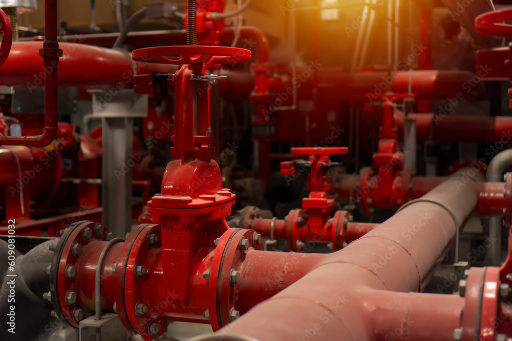 engine and valves. Gate Valve for fire protection in Plant room. Stock ...