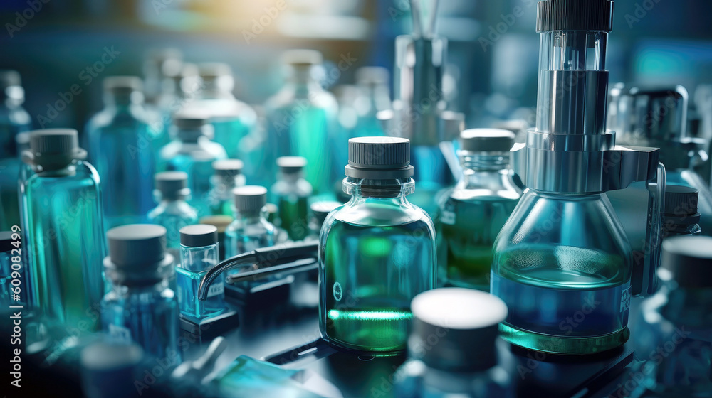 Pharmaceutical manufacture background with glass bottles with clear ...