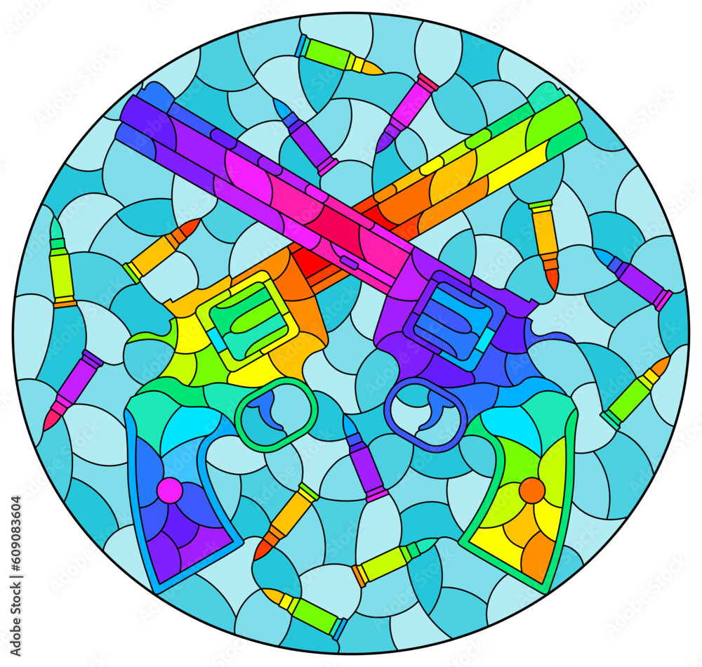 Stained glass illustration with crossed rainbow revolvers and bullets ...