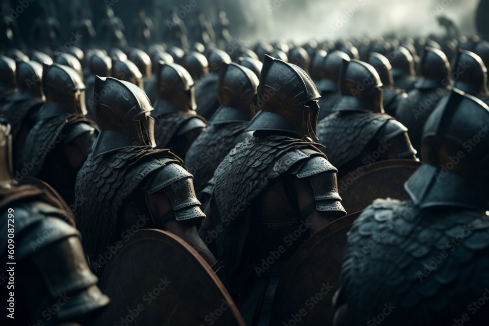 Medieval warriors in battle formation, army of ancient soldiers waiting ...