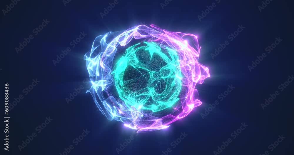 Looping animation. An abstract blue pulsating sphere of streams of particles inside a two-color ...