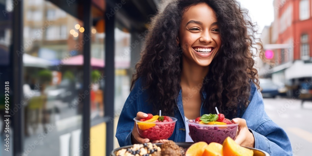 happy smiling young adult ready to each a delicious Acai fruit bowl at ...