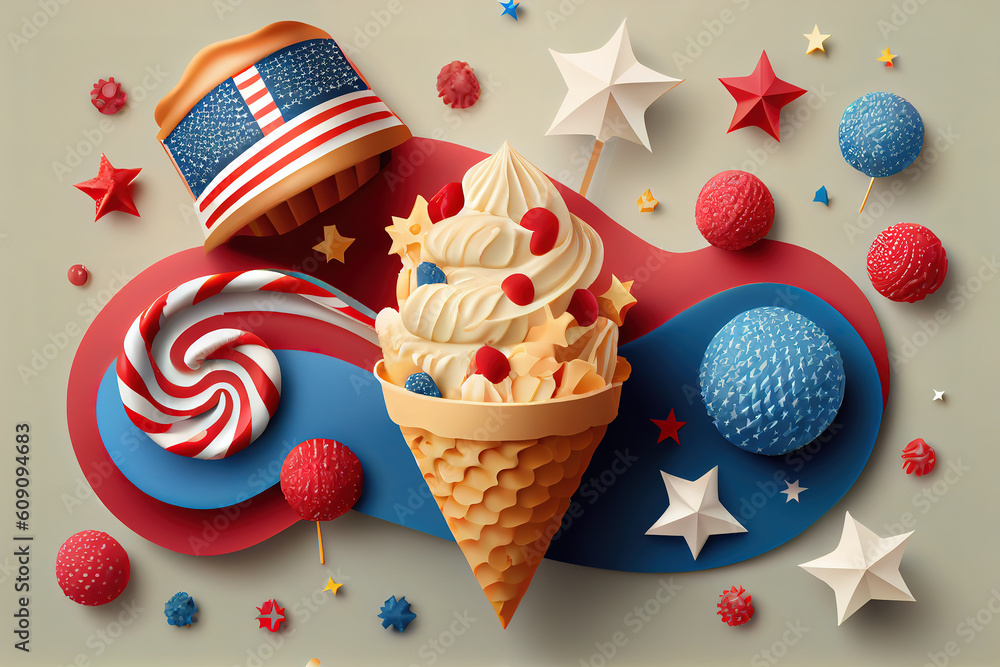 Independence Day. 4th of July. Layered dessert from ice cream ...