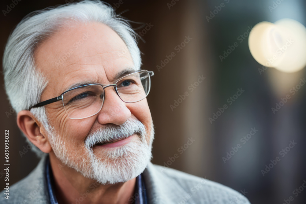 Portrait of the retired old man grandpa grey hair with a cheerful smile ...