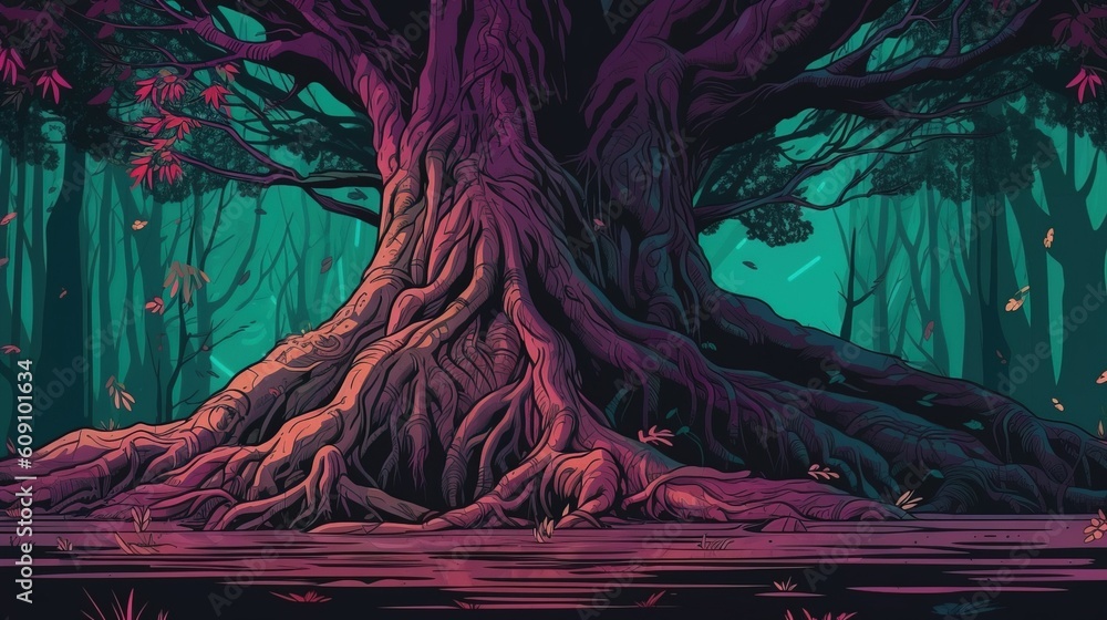 tree in the forest,Huge tree, flat wind tree, tree illustration ...