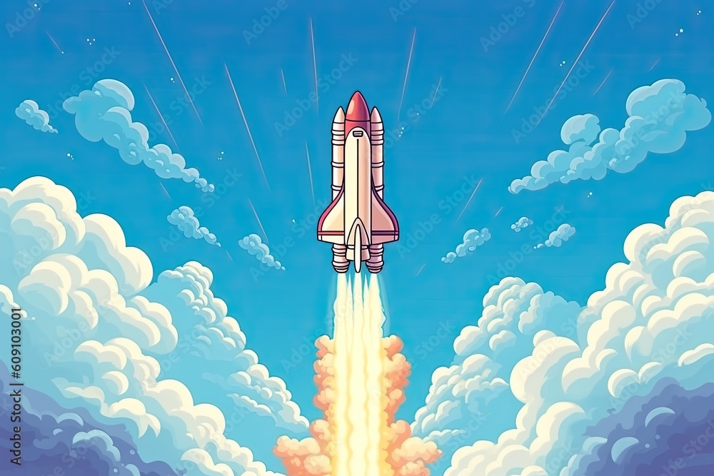 Pixel Art Rocket Taking Off in 8-Bit Retro Sky: Technology Meets ...