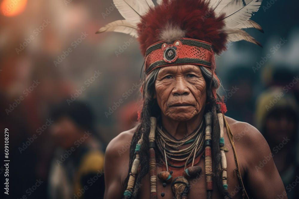 Portrait of indigenous tribe man. Traditional Indian with painted faces ...