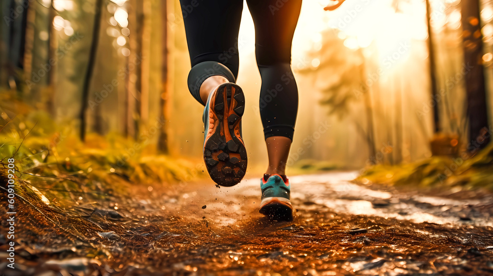 Athlete woman running in her sneakers trough the forest with sunlight ...