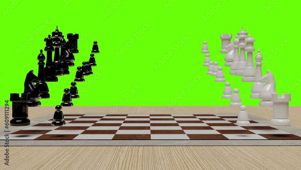 Animated Chess pieces falling onto chessboard with green screen ...