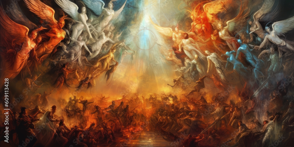 heaven and hell with many lost souls, angels fight, background image Stock Illustration | Adobe ...