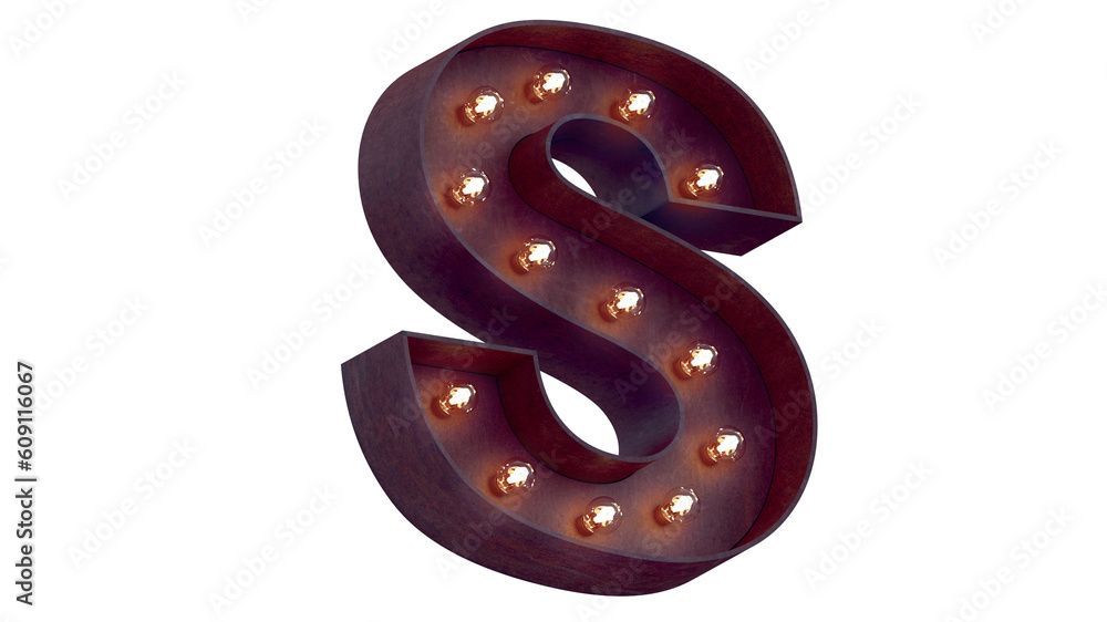 Light bulb glowing letter alphabet character S font. Perspective view ...