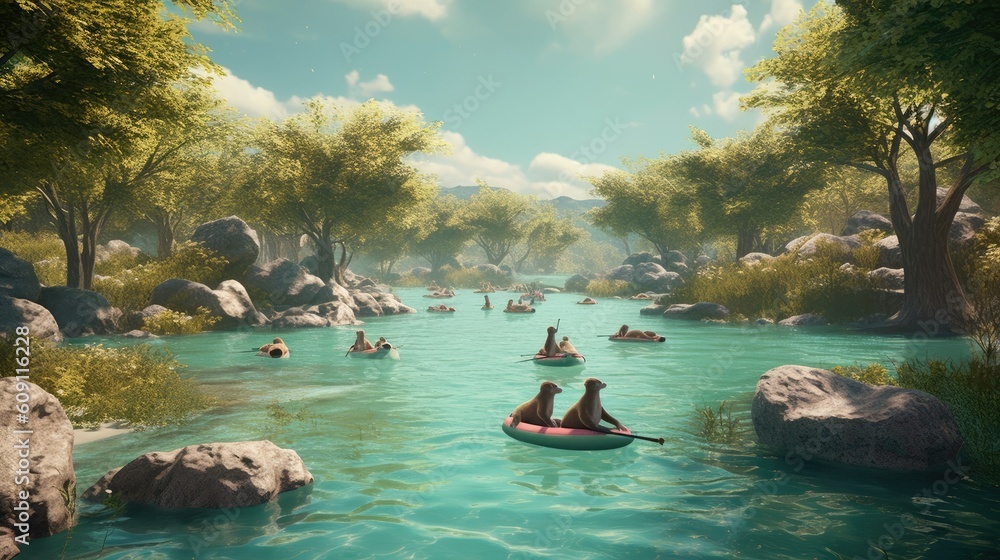 Otters joyfully floating down a lazy river to promote a water park ...