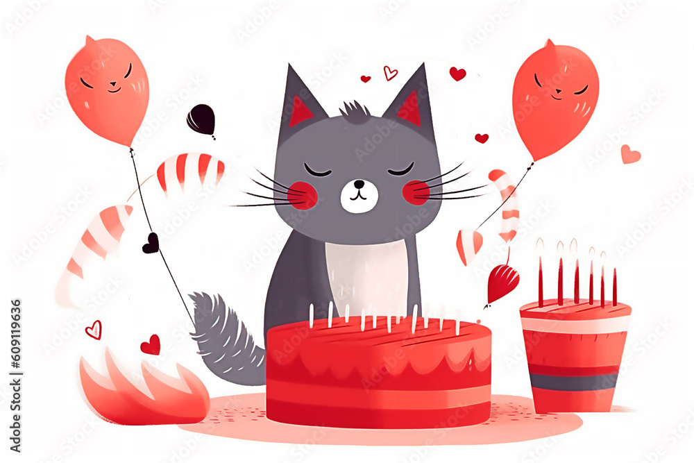 Happy Birthday. Happy Cute cartoon cat. Illustration. Post processed AI ...