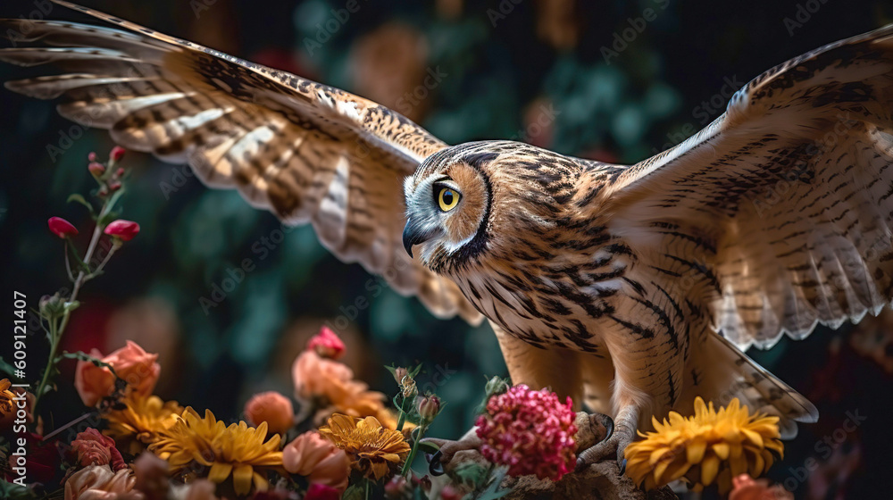 Stunning illustration of flying owl on spring field full of bright wild ...