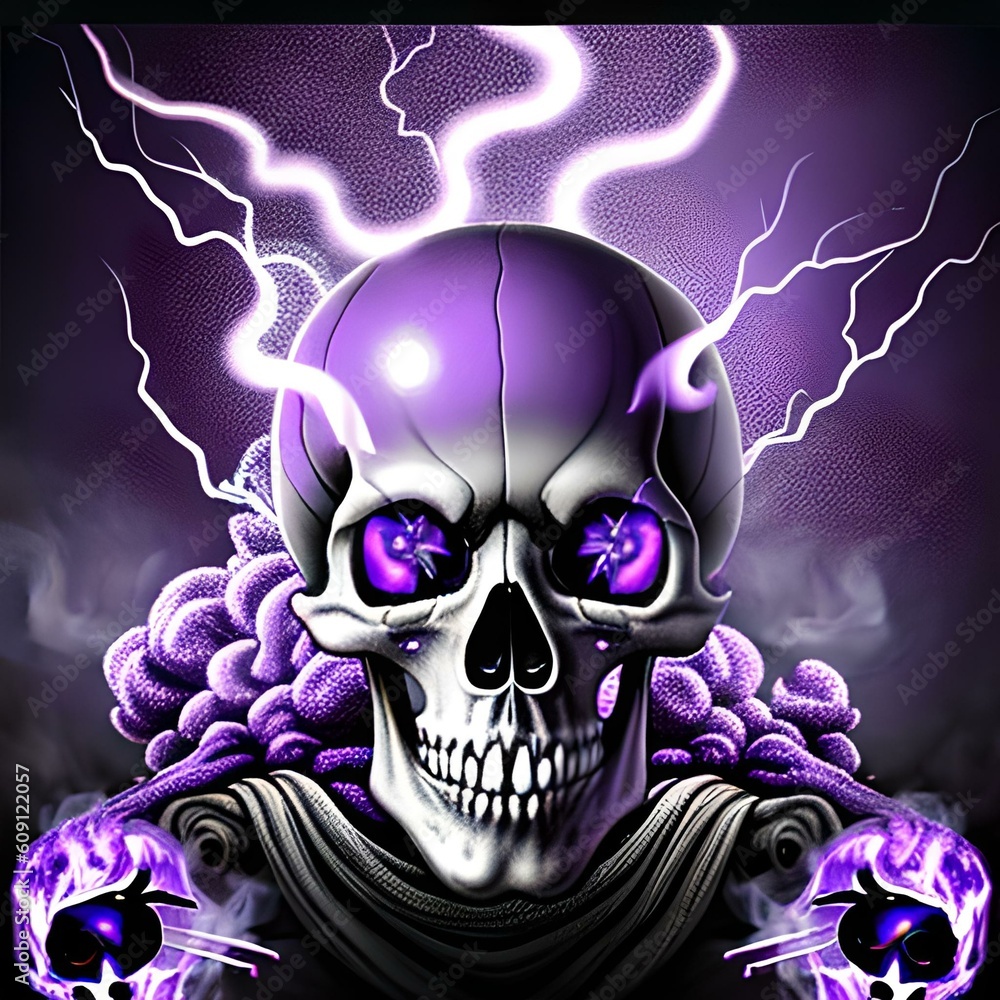 Skull with purple lightning ball in the left eye socket with smaller skulls around it with smoke ...