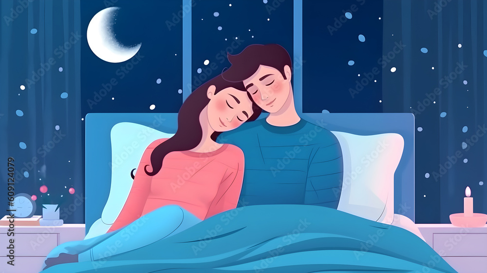 simple flat illustration of a sleeping young couple, young lovers fell ...