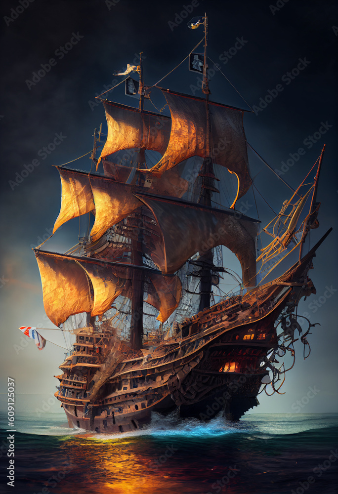 Photorealistic pirate schooner or sailing ship in 16th-17th century ...