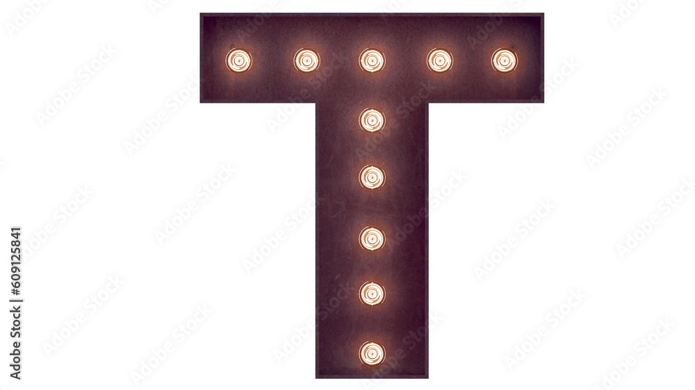 Light bulb glowing letter alphabet character T font. Front view ...