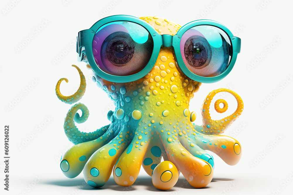 Cartoon colorful octopus with sunglasses on isolated background ...