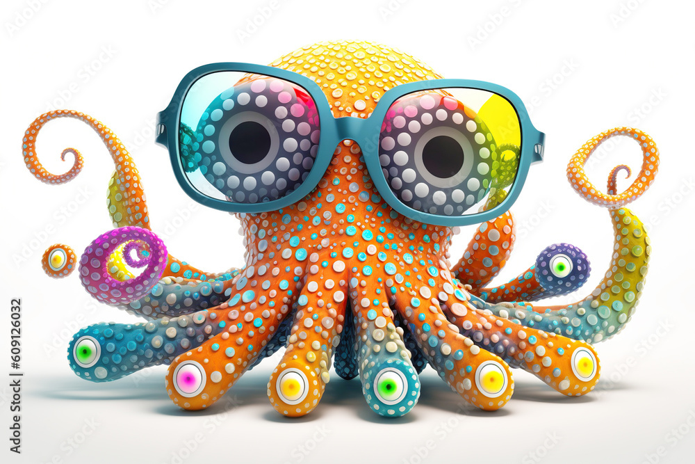 Cartoon colorful octopus with sunglasses on isolated background ...