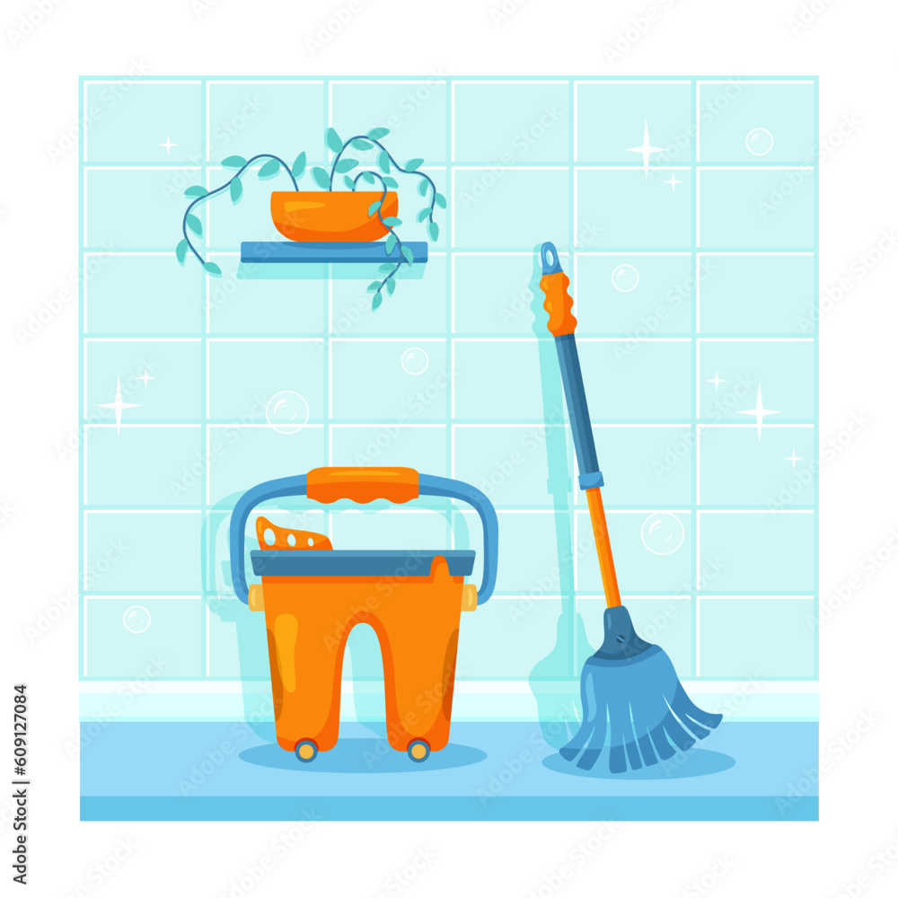 Flat bucket and mop stand near blue tiled wall. Mop with brush and ...