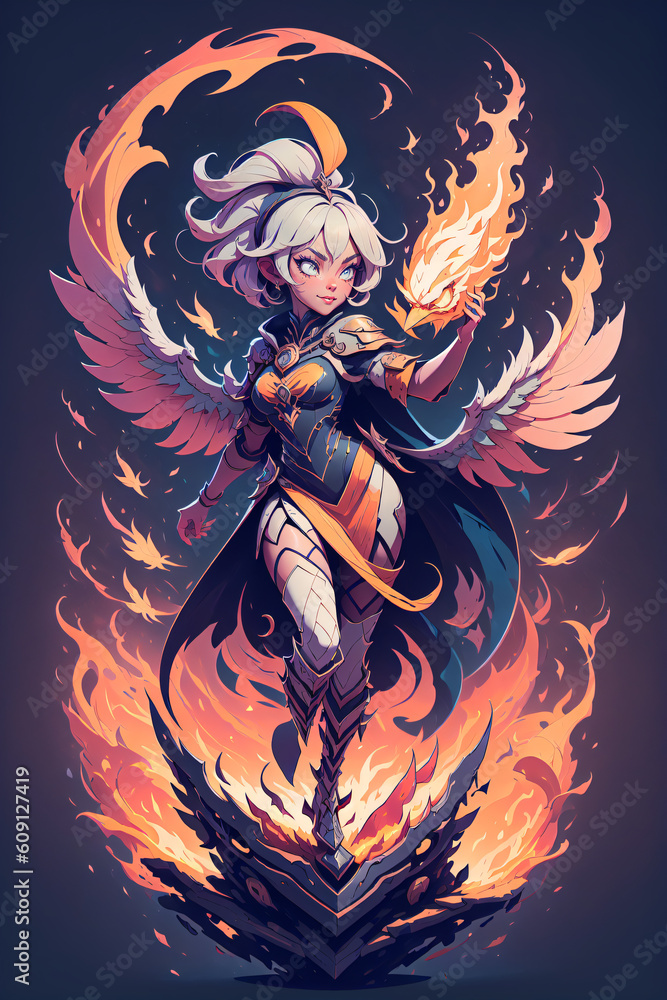 girl, anime, cartoon, digital painting, ai art, fire, wizard, fire bird ...