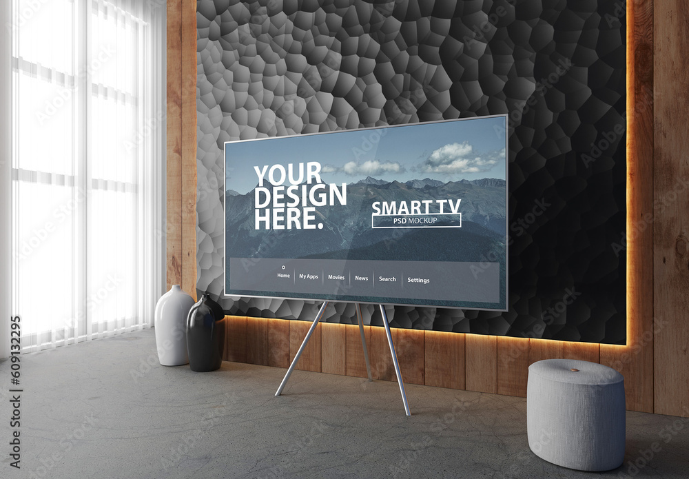 Smart Tv Mockup on metal stand in modern living room with black stone ...