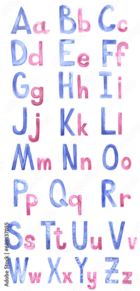 Handwritten aquarelle red and blue letters for writing words, book ...
