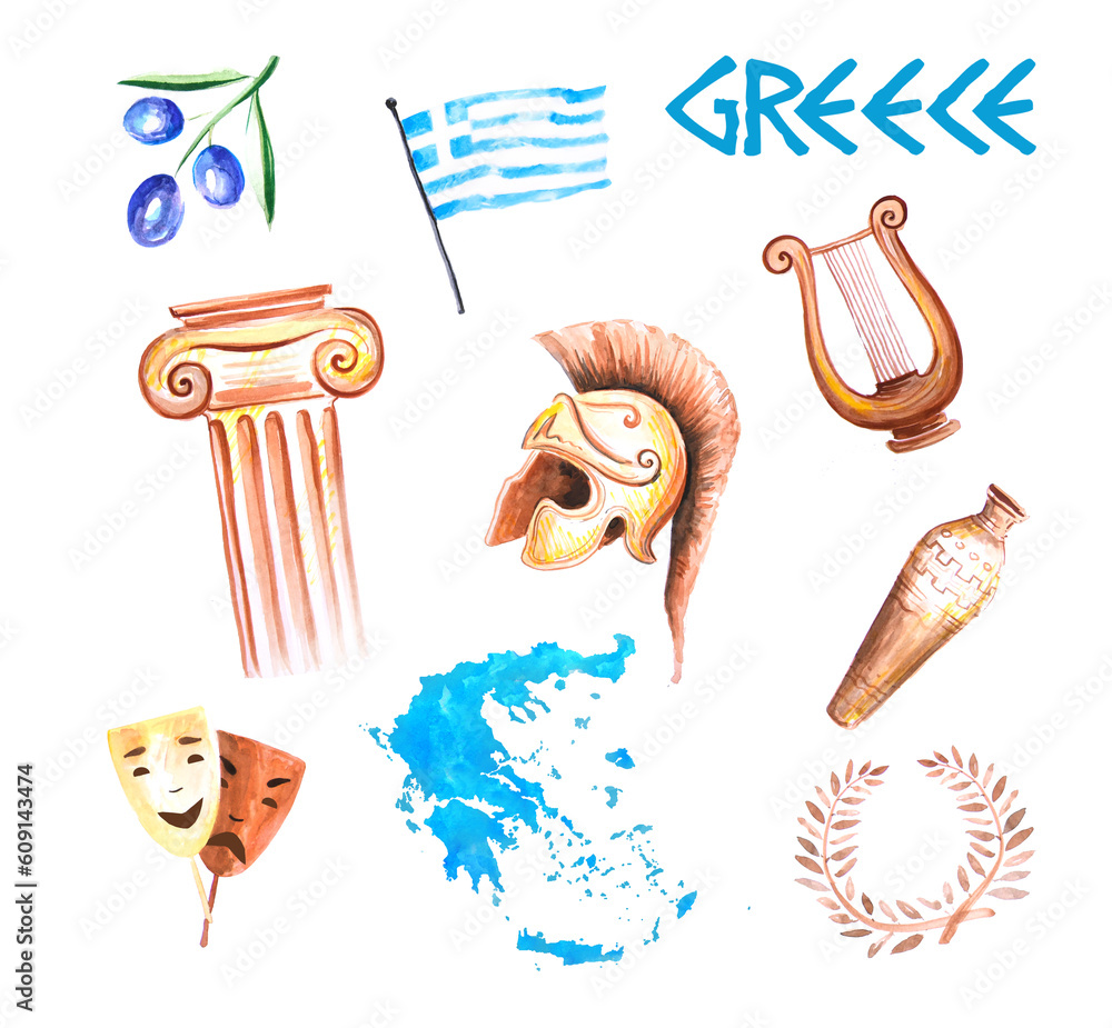 Greek symbols hand drawn watercolor, set of ancient-to-present elements ...