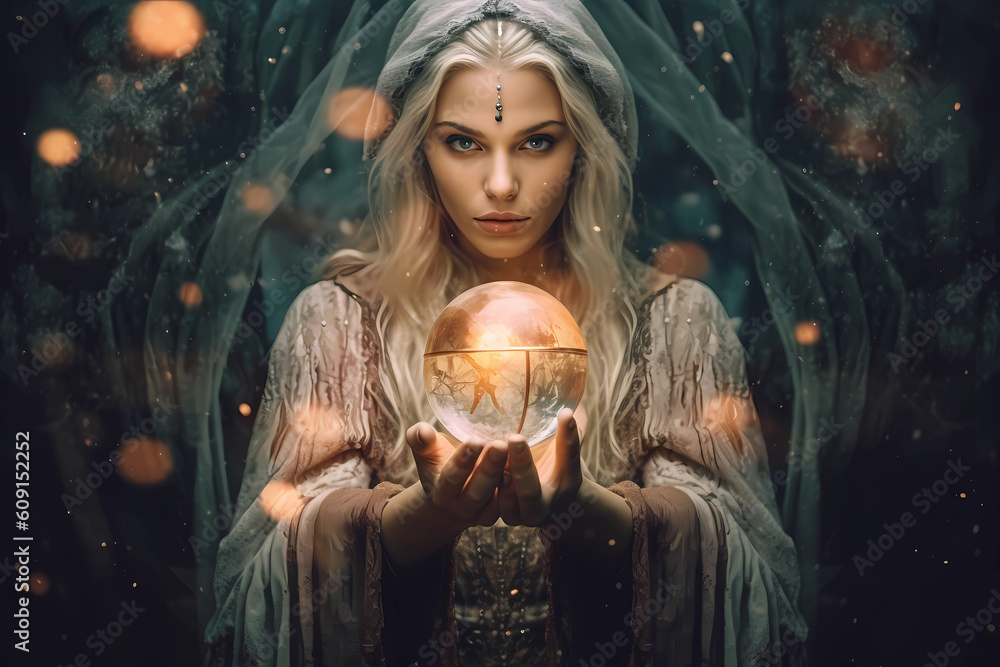 Holding an ethereal orb, a woman channels ancient powers, casting ...