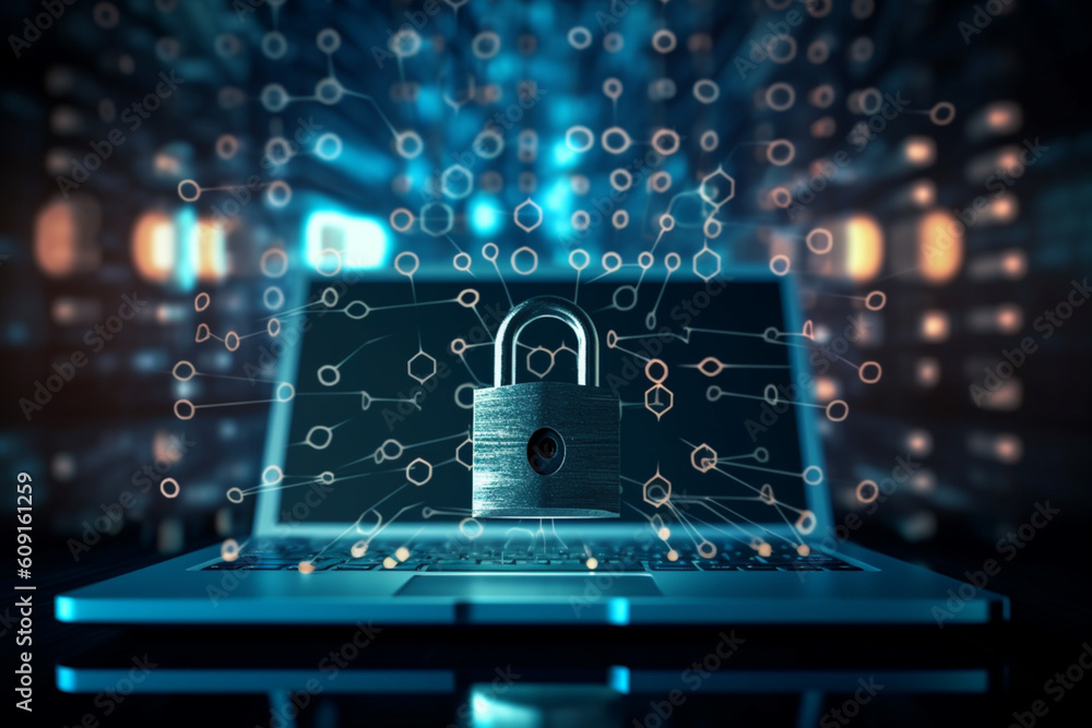 Cybersecurity illustration with high-tech padlock protecting a laptop ...