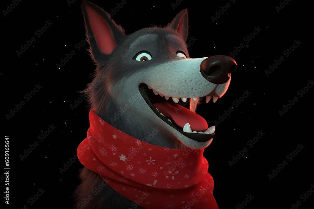 An animated cartoon wolf with a transparent background, wearing a ...