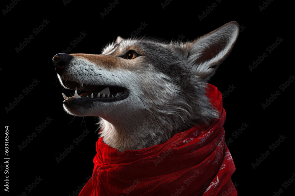 An animated cartoon wolf with a transparent background, wearing a ...