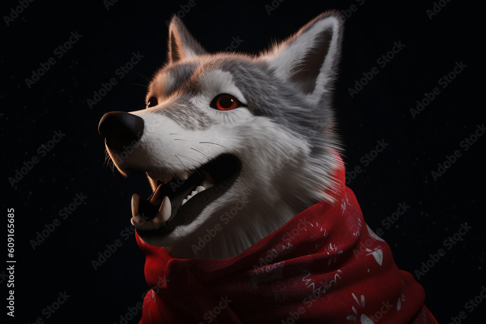 An animated cartoon wolf with a transparent background, wearing a ...