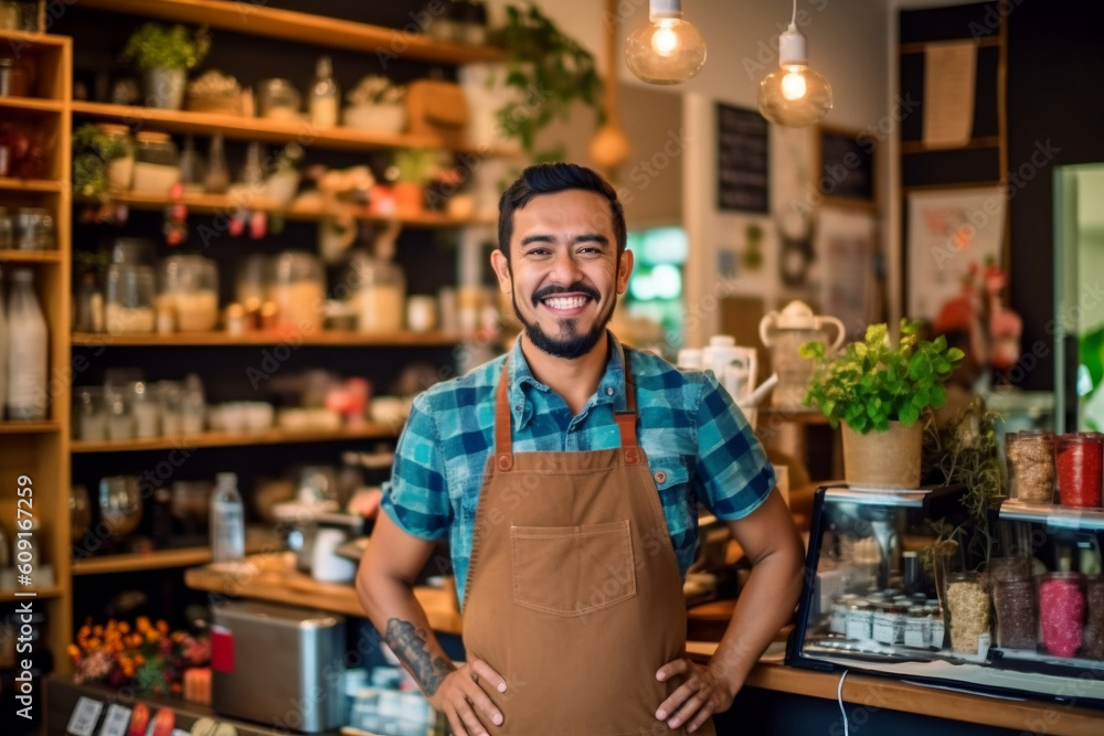 handsome latino barista working in a modern roastery cafe Stock Photo ...