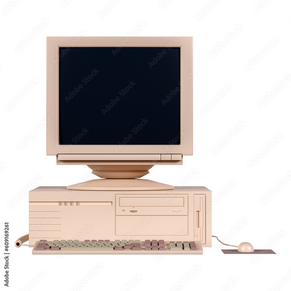 3d vintage computer monitor with mouse, cpu, and keyboard from front ...