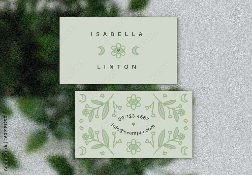 Green Business Card Layout with Nature Elements Stock Template | Adobe ...