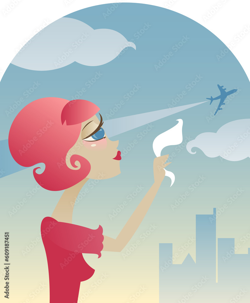 Sad retro style girl waves goodbye with her hanky, as an airplane takes ...