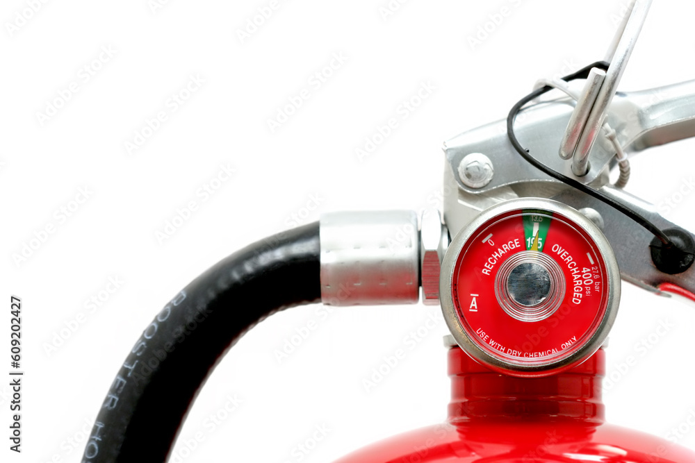 fire extinguisher fully charged. a highkey closeup over white with ...