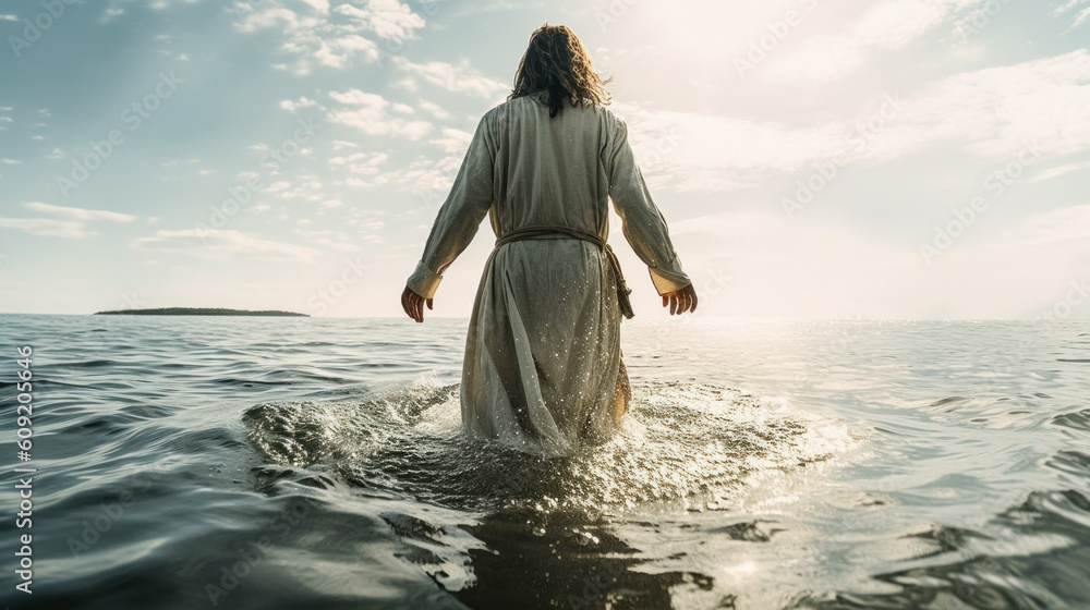 Jesus Walks on Water created with generative AI technology Stock ...