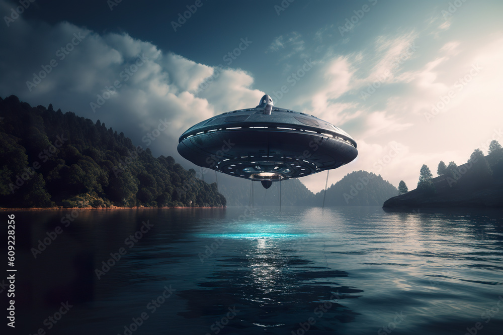 Ilustração do Stock: A ufo flying above a reflective lake. UFO landing ...