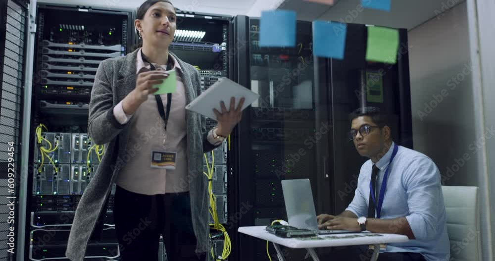 Programmer team, IT coding and planning of staff with computer hardware ...