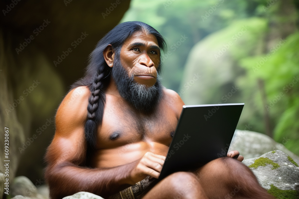 Set in cave, a prehistoric person using a laptop, emphasizing the ...